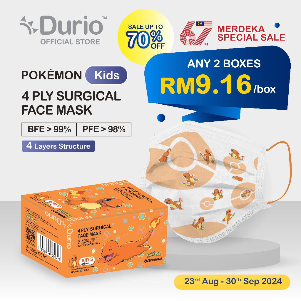Durio 546K Pokemon Kid's 4 Ply Surgical Face Mask - Charmander (40 Pcs ...
