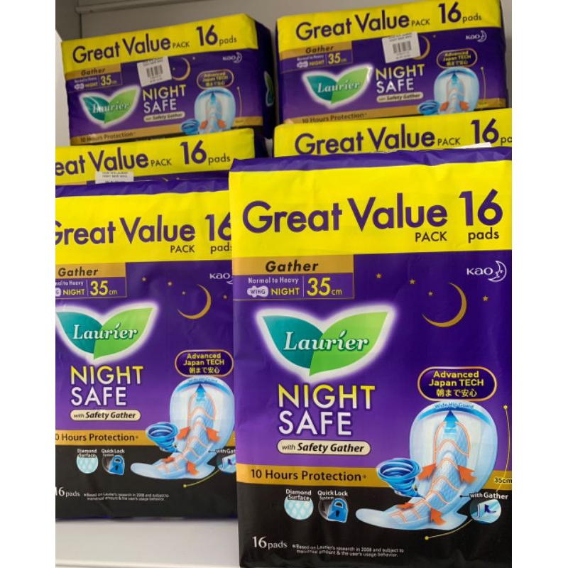 Laurier 35cm Night Safe Wing with Gather Great Value Pack 16pads ...
