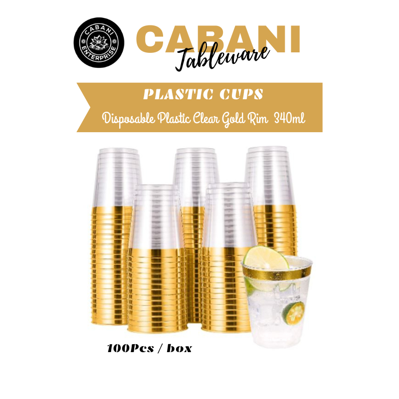 Disposable Plastic Cups Gold Rim 340ml Cawan Plastik Pakai Buang Party Plastic Cup 340ml ...