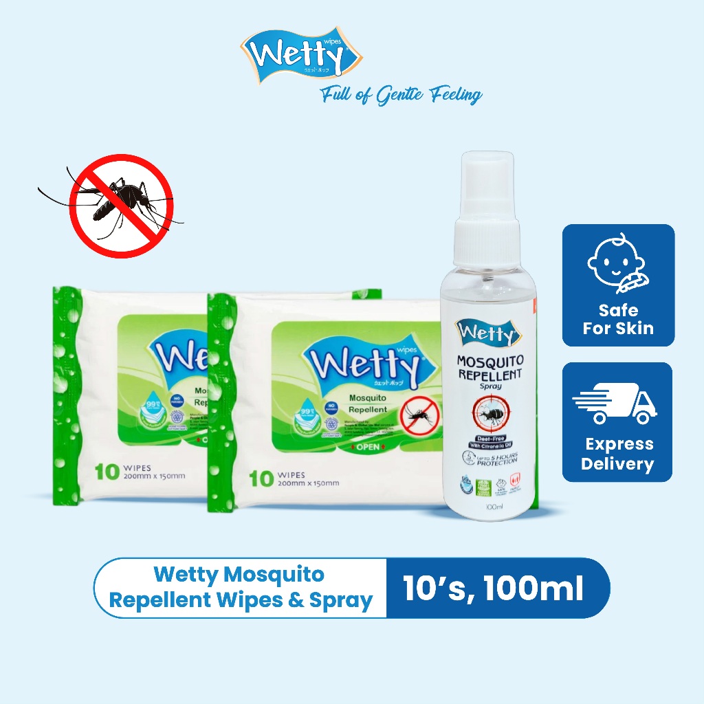 Wetty Mosquito Repellent Wet Wipes 10's + Mosquito Repellent Spray ...