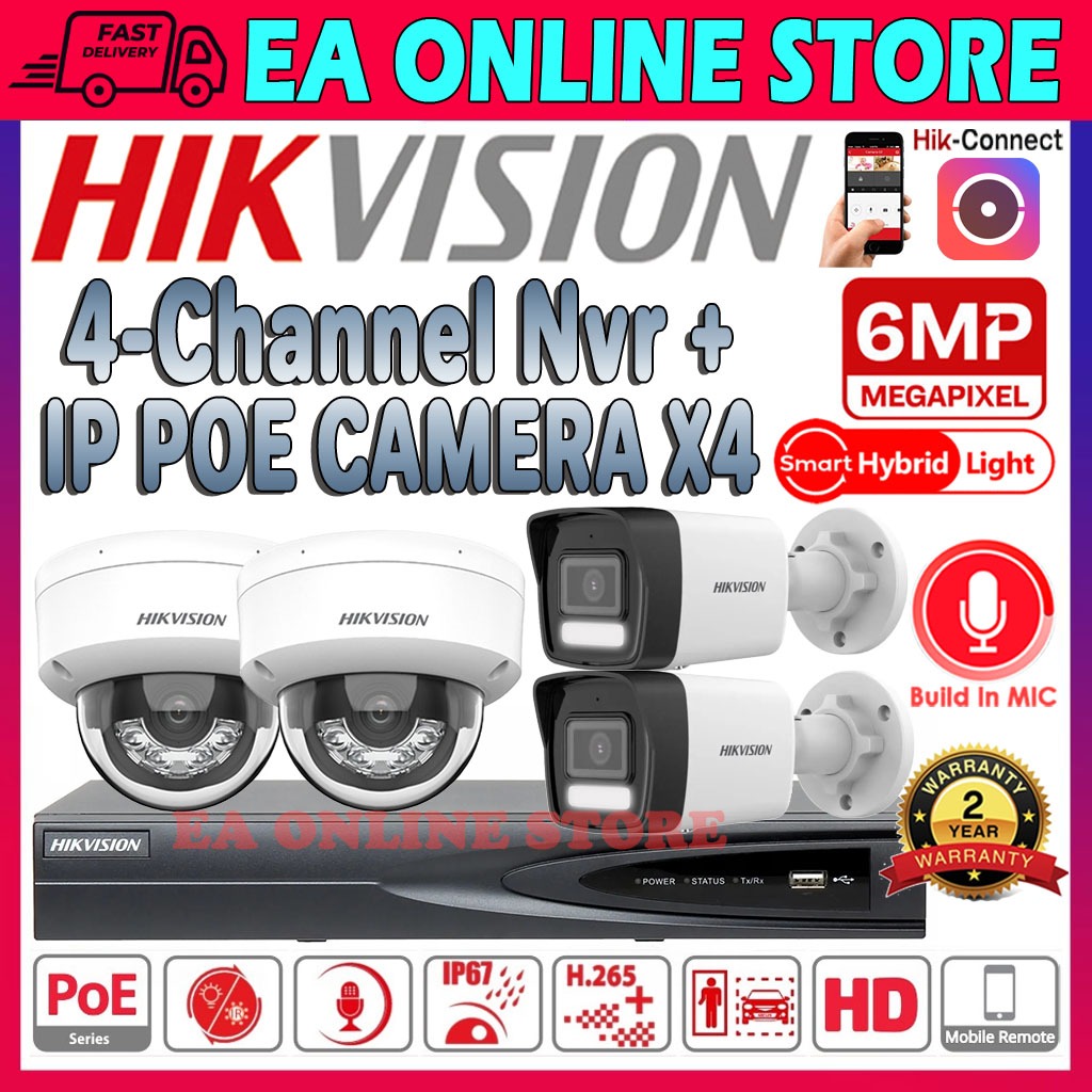 HIK HIKVISION 4CH 6.0MP DS-7604NI-Q1/4P NVR + 4 POE CAMERA CCTV IP Network Smart Hybrid Light ...