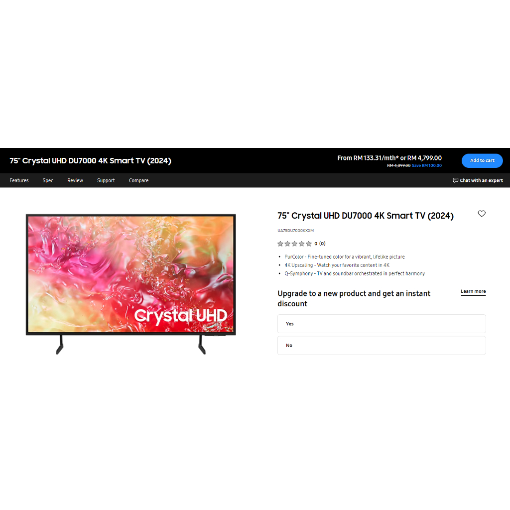 SAMSUNG 75" / 85'' Crystal UHD DU7000 4K Smart TV (2024) UA75DU7000 ...