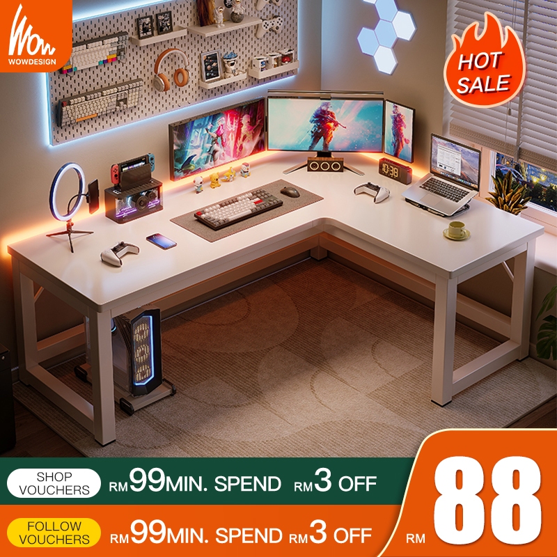 Gaming Table L Shape Computer Table White Gaming Table Meja PC Gaming ...