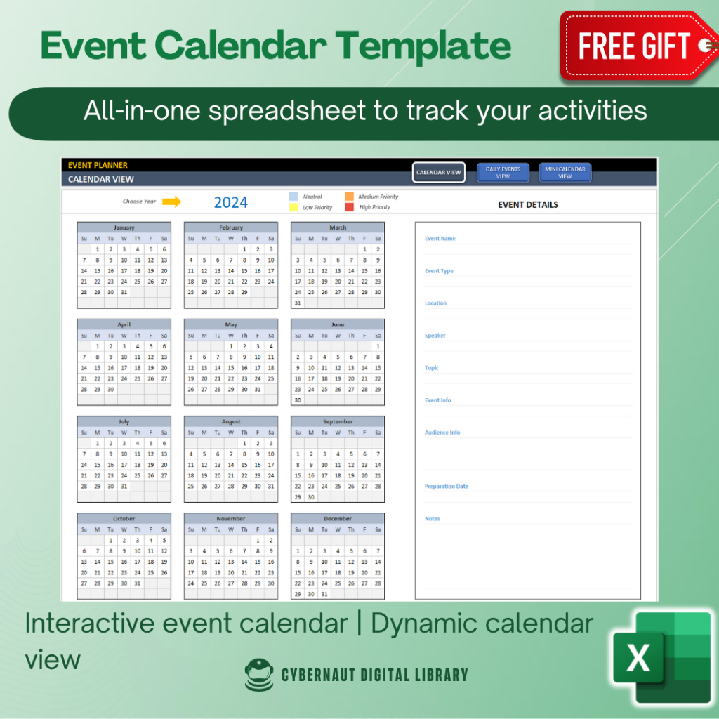 Excel Template - Event Calendar Excel (Free 12-in-1 Bundle Excel Course ...