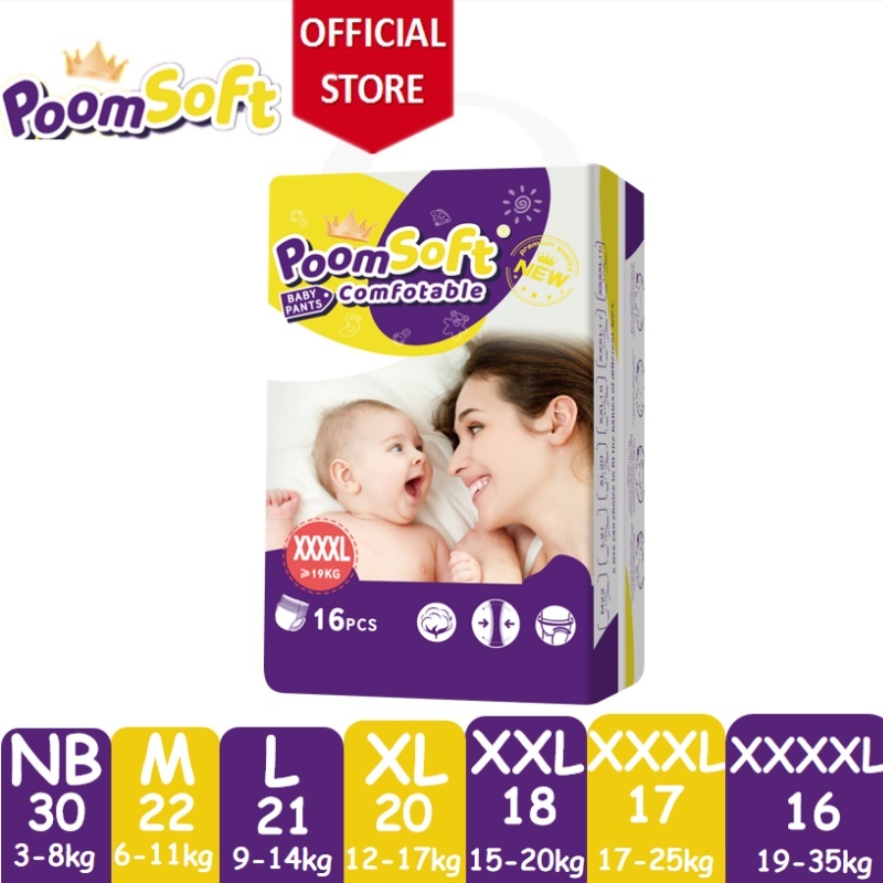 POOMSOFT Baby Diapers - NB（30Pcs）M（22Pcs）/L（21Pcs）/XL（20Pcs）/XXL（18Pcs）/XXXL（17Pcs）/XXXXL（16Pcs ...