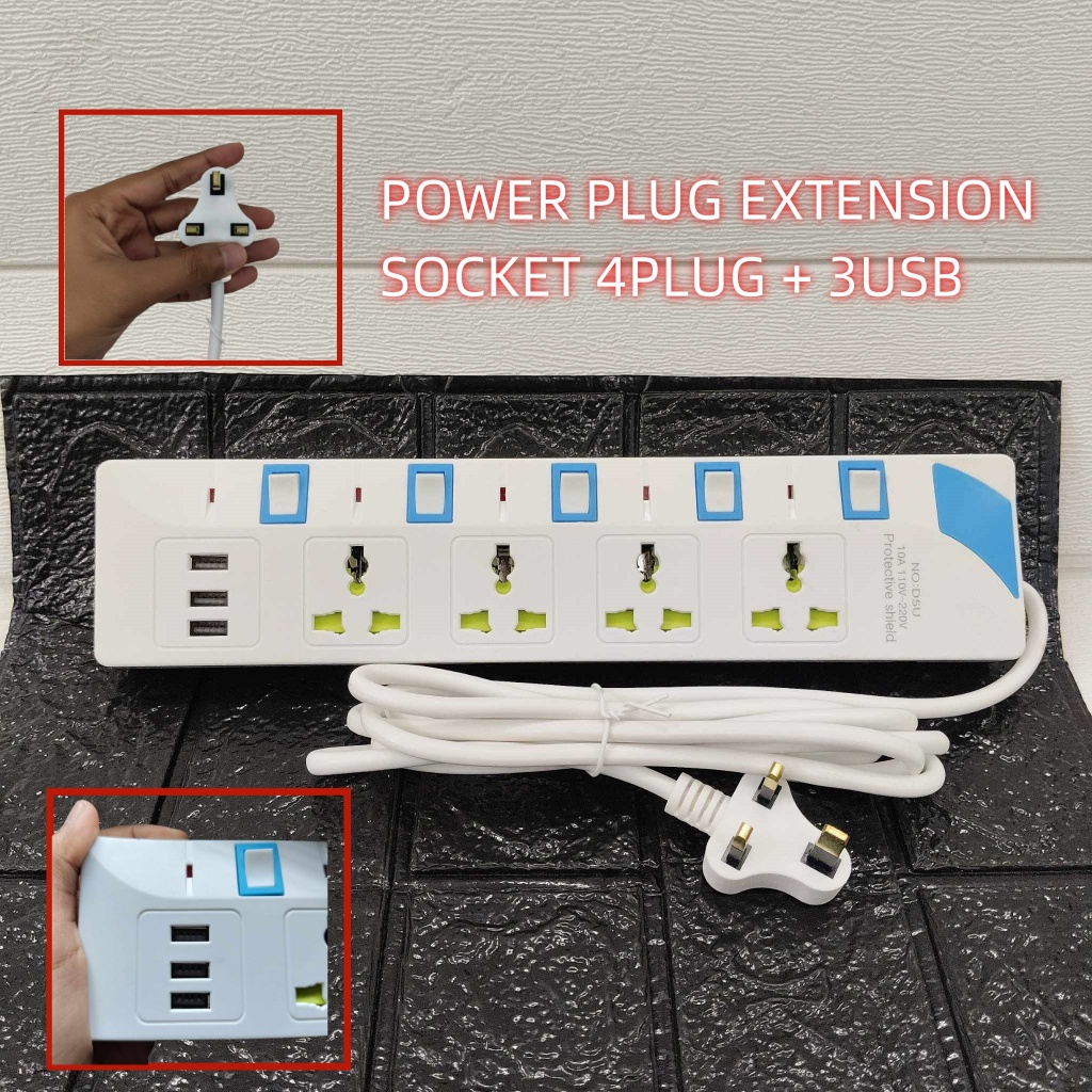 4PLUG + 3USB POWER PLUG EXTENSION SOCKET 13A 2METER WHITE COLOUR 110V ...