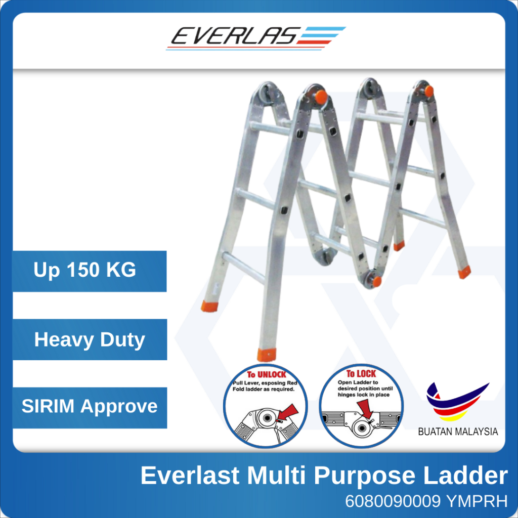 EVERLAS Multipurpose Ladder Foldable Heavy Duty Tangga Aluminium Double Sided Folding Tangga ...