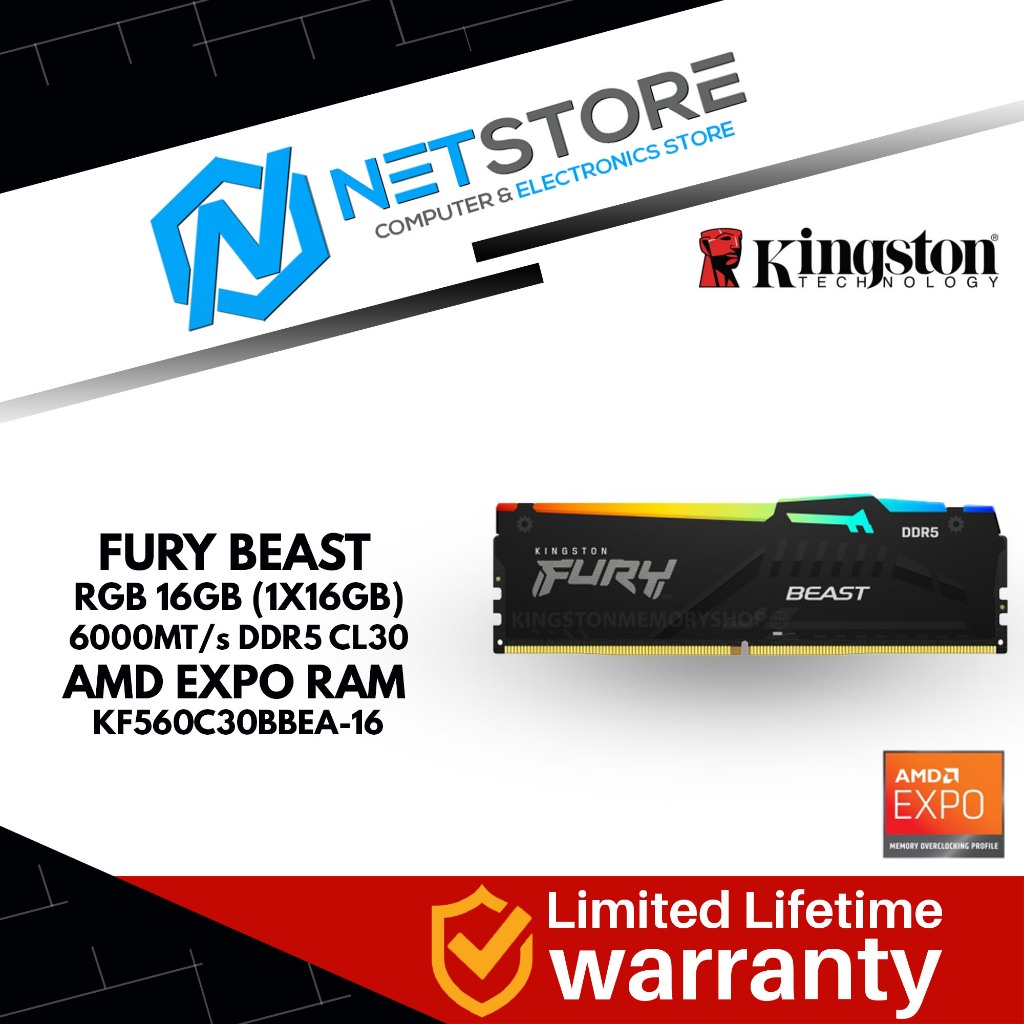 KINGSTON FURY BEAST RGB 16GB (1X16GB) 6000MT/s DDR5 CL30 AMD EXPO RAM - BLACK - KF560C30BBEA-16 ...