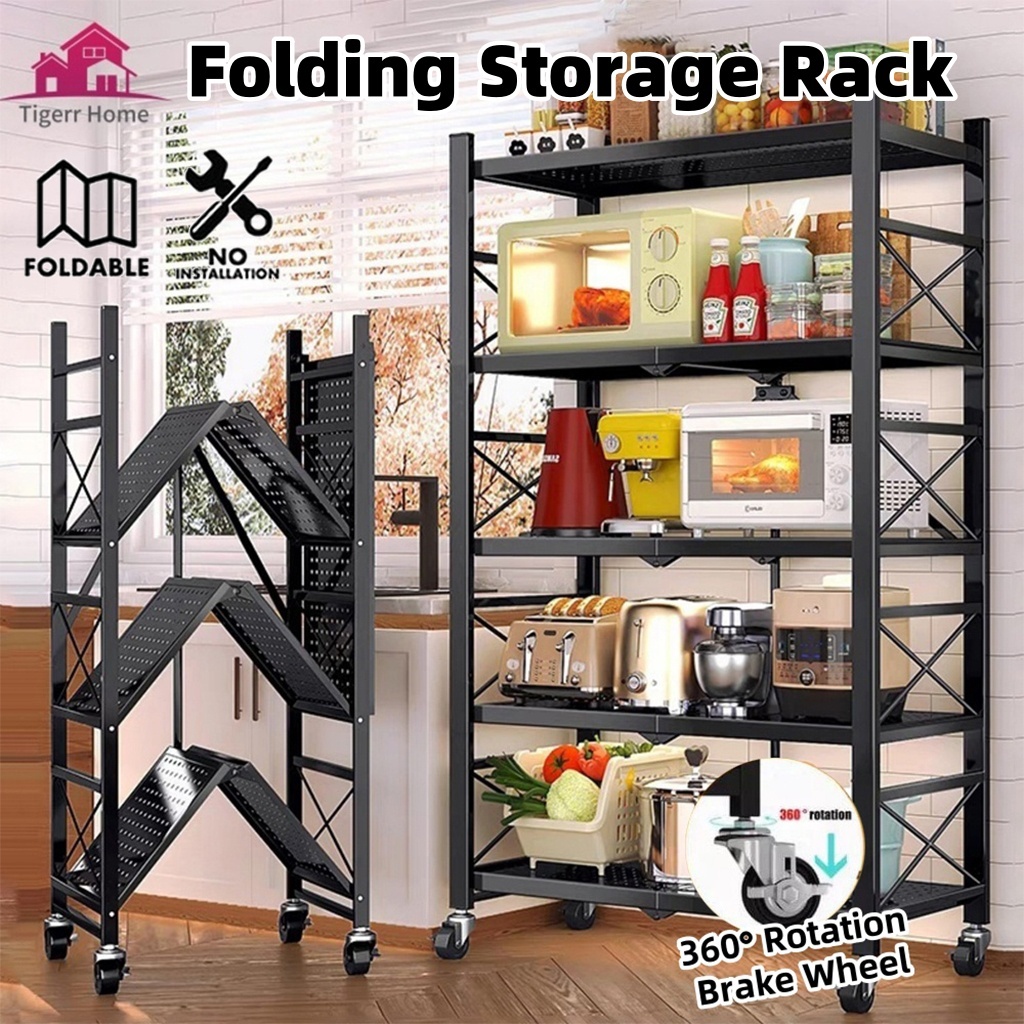 Foldable Rak Dapur Black 3/4/5 Tiers Kitchen Rack Trolley Rack ...