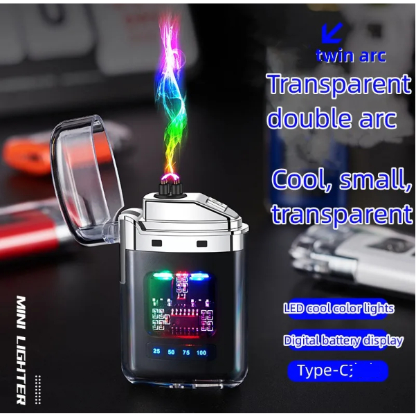 Transparent Windproof Double Arc Electronic Pulse USB Lighter LED Color ...