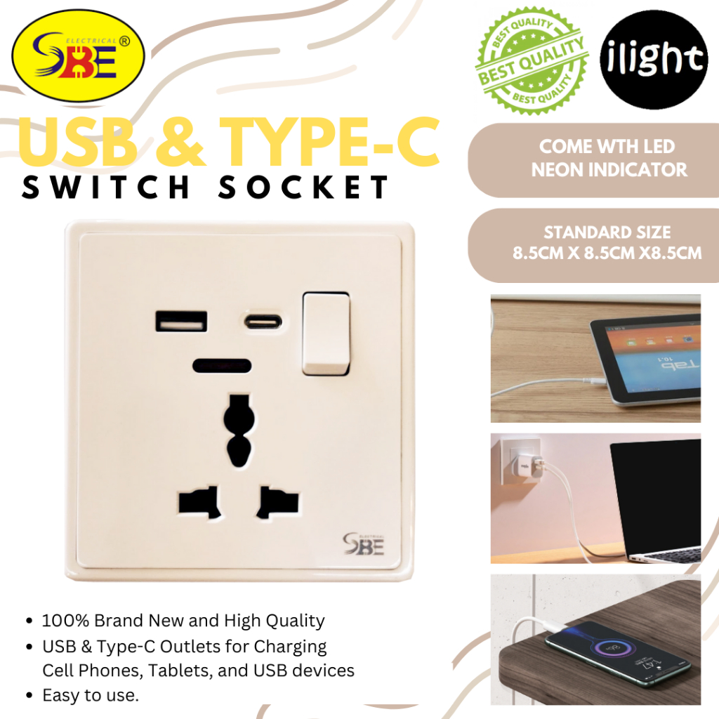 SBE 13A Multiple Universal USB Type C Switch Socket c/w Neon Light ...