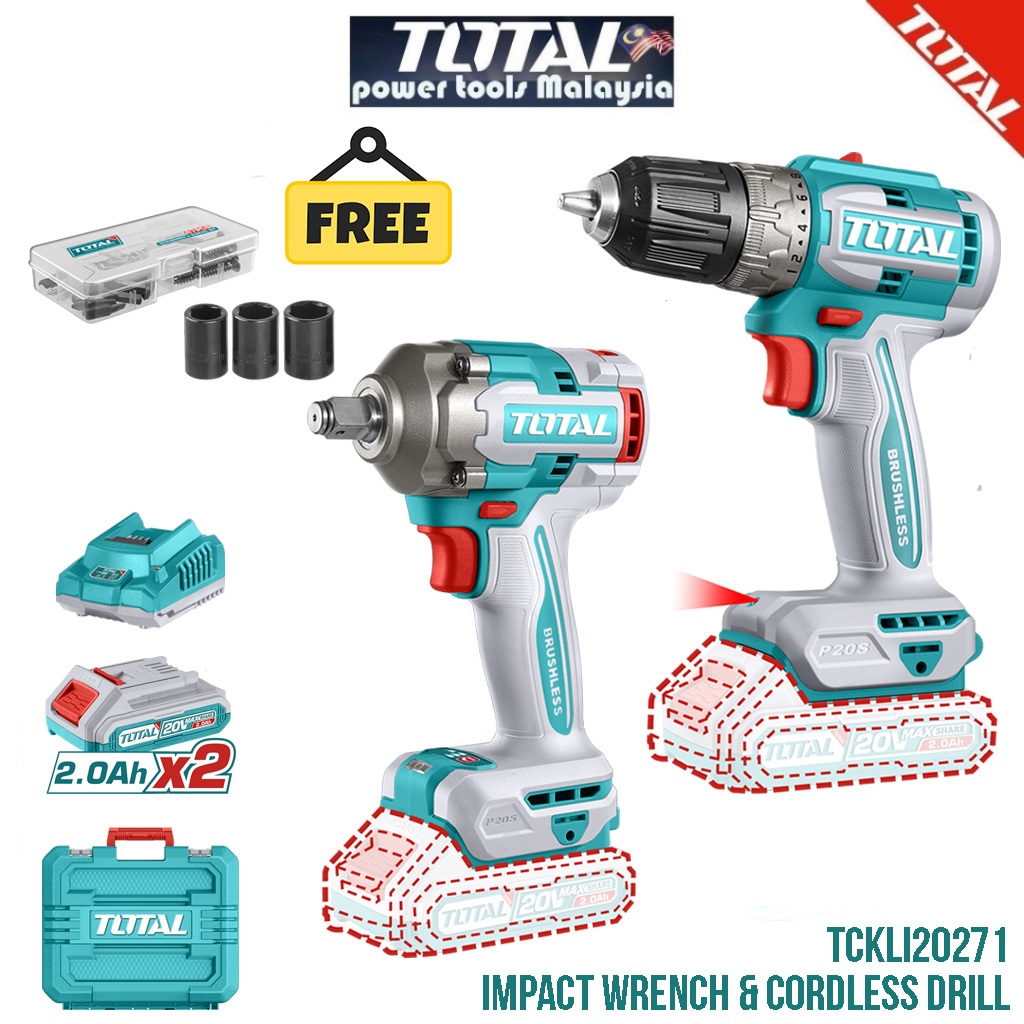 Total Li-ion Cordless Brushless Drill 52Nm & Brushless Impact Wrench 400Nm Combo TCKLI20271 ...