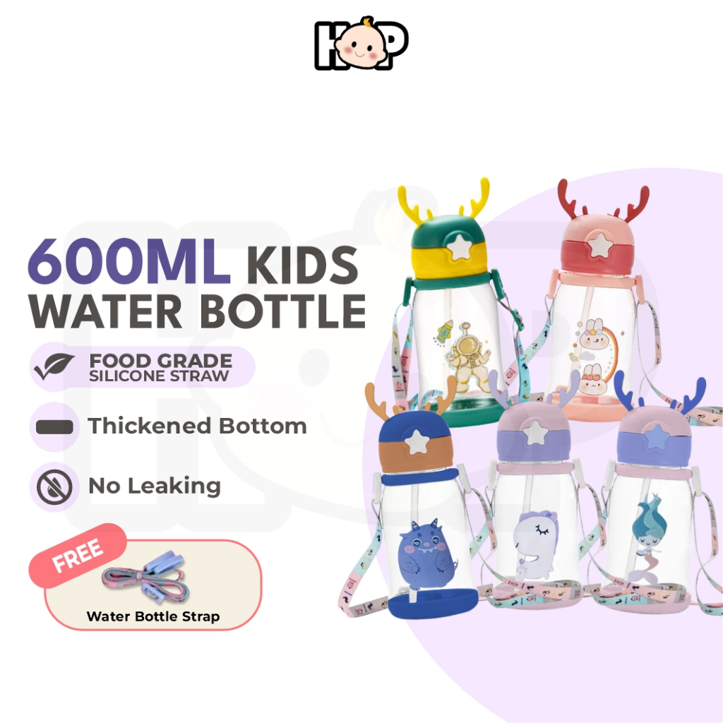 [New Design Antler] 600ml Kids Water Bottle With Straw Cute Botol Air ...