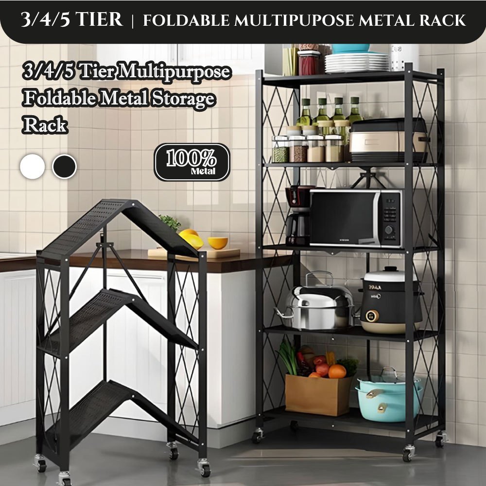 [TERMURAH] 3/4/5 TIER MULTIPURPOSE FOLDABLE METAL RACK WITH WHEELS ...
