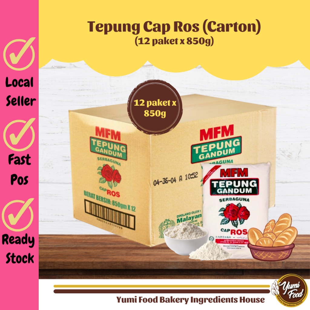 [READY STOCK] 1 CARTON (12 PACKET X 850G) Cap Ros Tepung Gandum/ Tepung ...