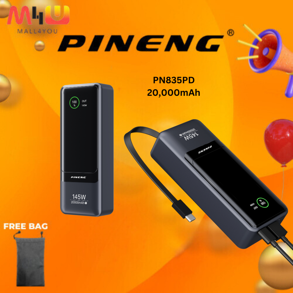 PINENG PN835PD 20,000mAh BUILT IN CABLE SUPPORT LAPTOP CHARGES PD+QC 3. ...