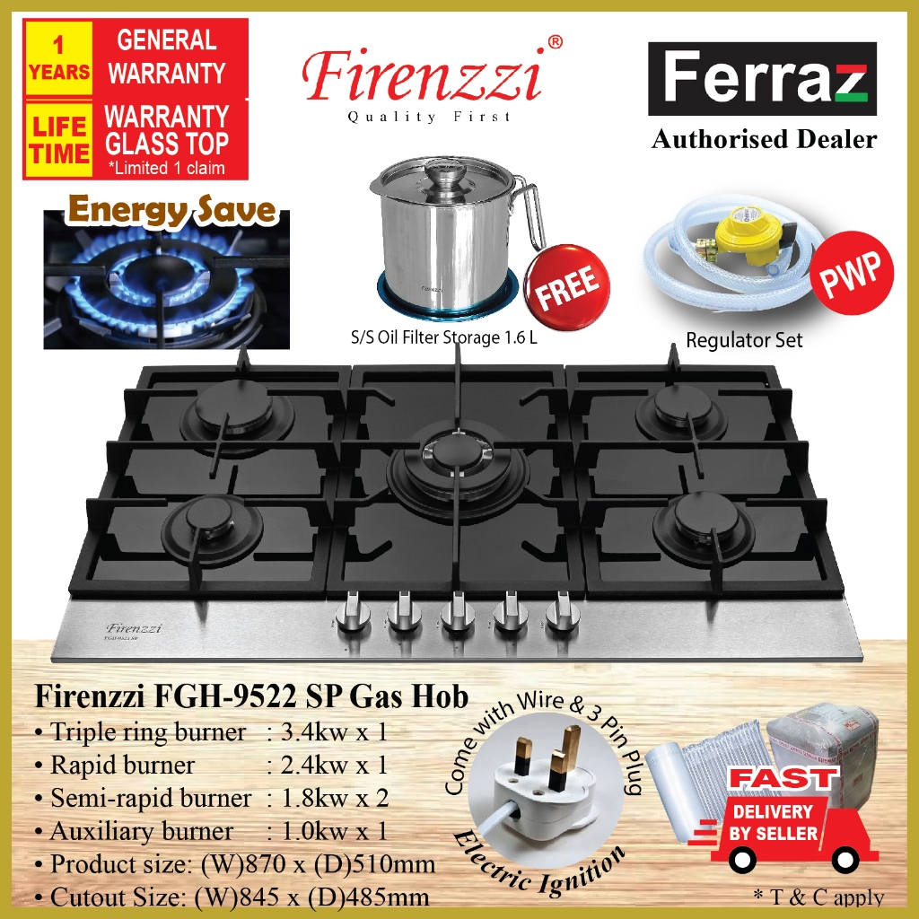 Firenzzi FGH-9522 SP 5 Burners Built-in Gas Hob / FGH-9511BK / FGH ...