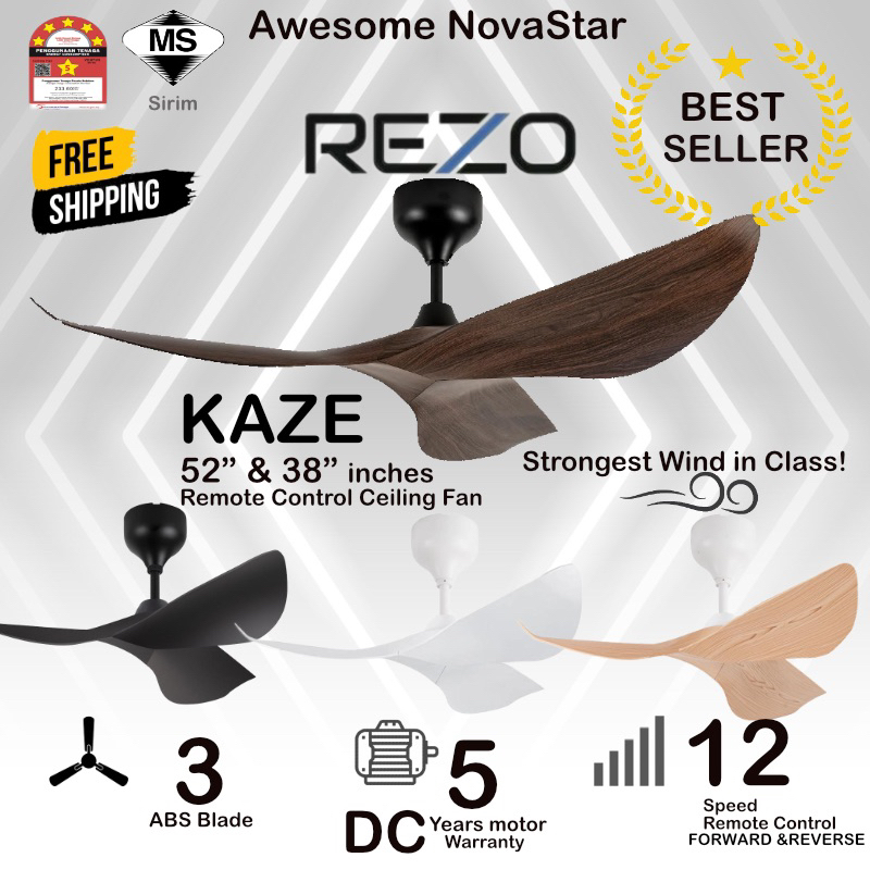 REZO KAZE 52” / 38” inches DC Motor Remote Control Ceiling Fan/ Kipas ...