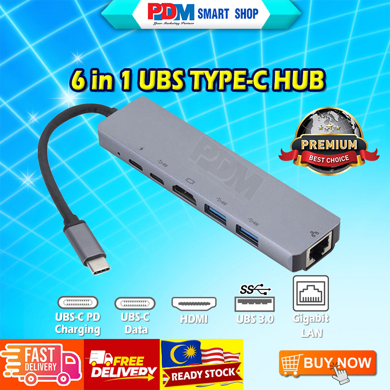 PDM 6 in 1 TYPE-C Hub Adapter to Gigabit Ethernet Rj45 LAN |HDMI 4K ...