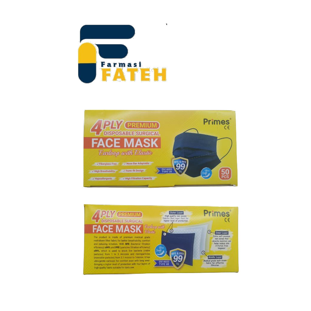 PRIMES 4PLY PREMIUM SURGICAL FACE MASK EARLOOP ADULT 50'S (DARK BLUE ...