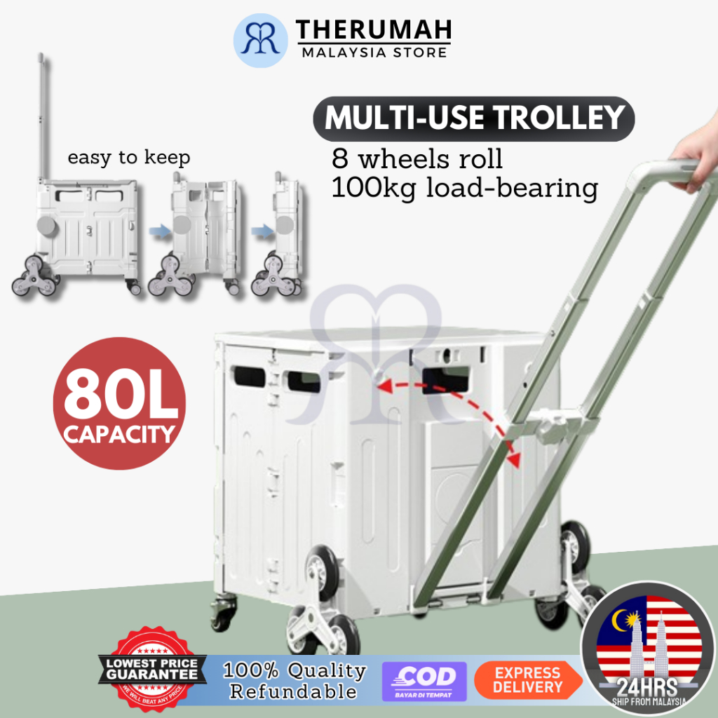 100kg 8 Wheels 80L Foldable Trolley Cart Shopping Trolley Troli Boleh ...
