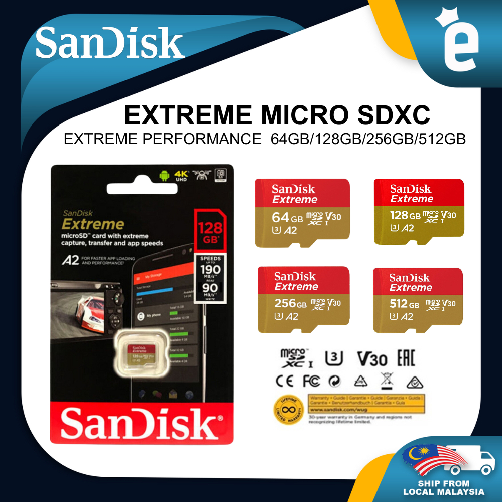 Sandisk Extreme Micro UHS-I U3 4K 170mb Memory Card (64GB/128GB/256GB ...