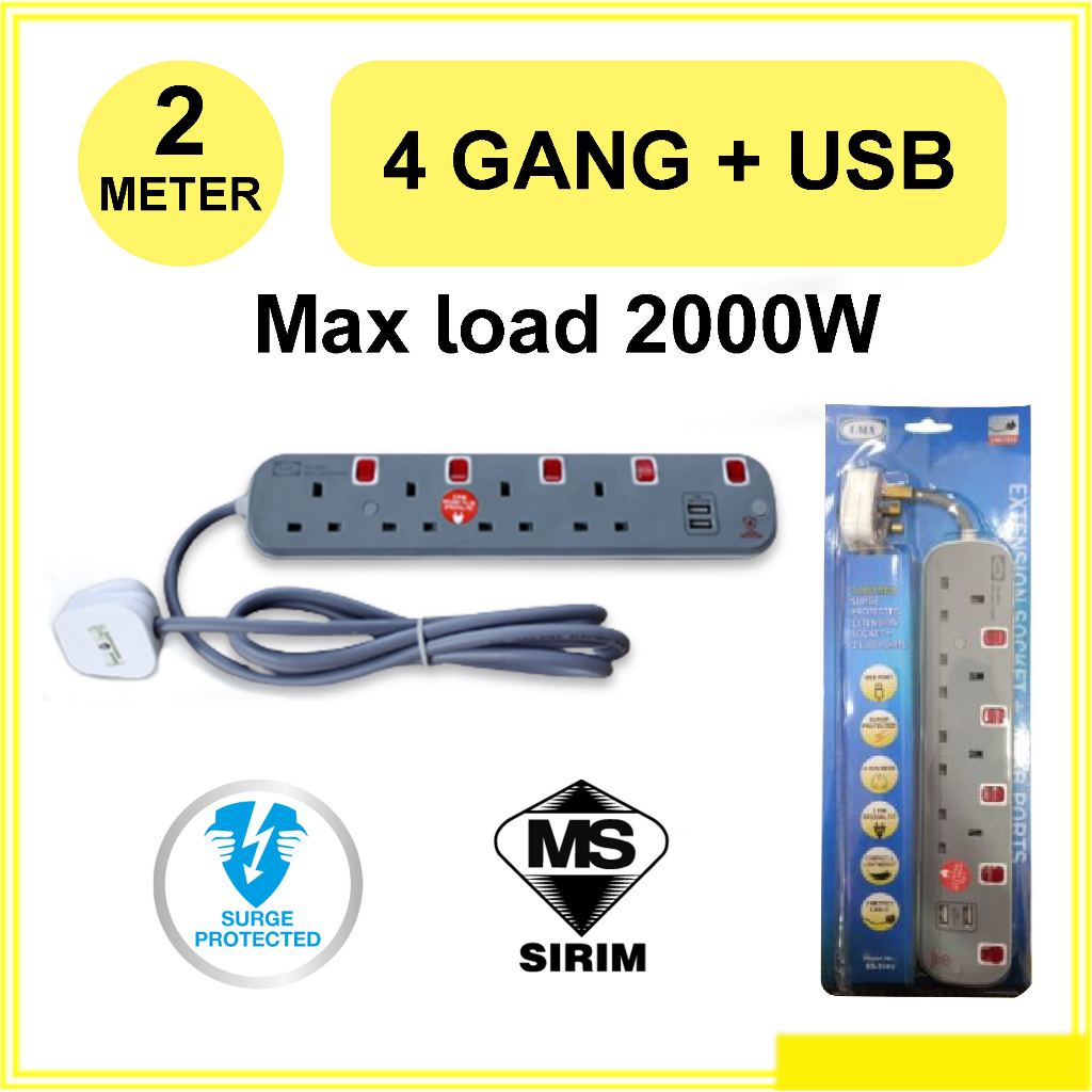 Lemax Usb Extension Socket 2gang 3gang 4 Gang 2 Meters 2 Usb Port