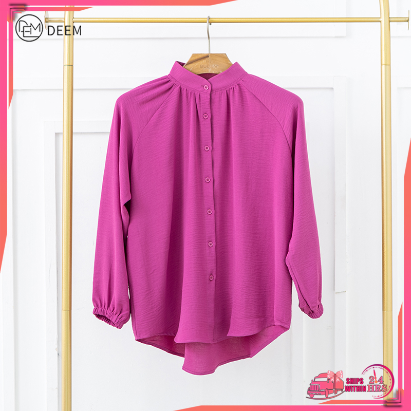 DEEM Shirt Kemeja Wanita Solid Color Long Sleeve Plain Loose Muslimah ...