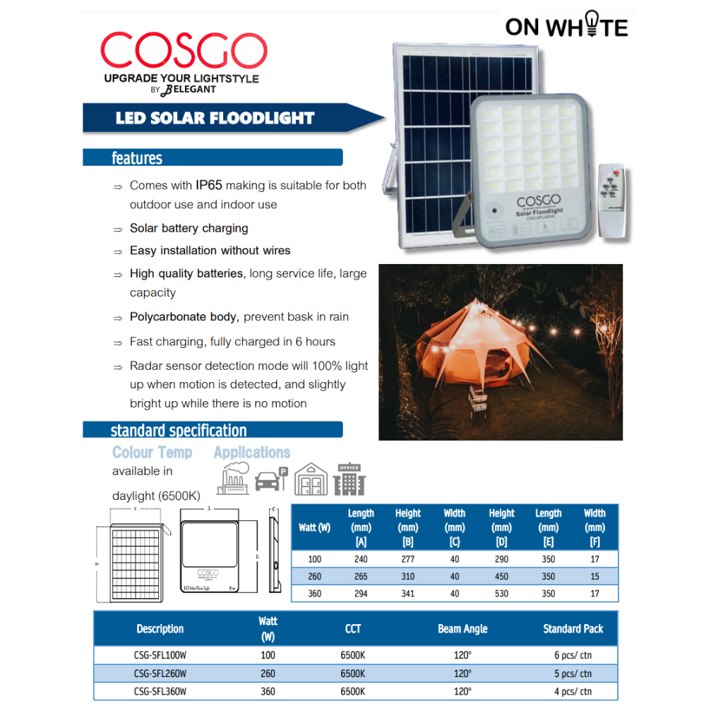 COSGO LED RADAR SENSING SOLAR FLOOD LIGHT > SPOT LIGHT 100W / 260W ...