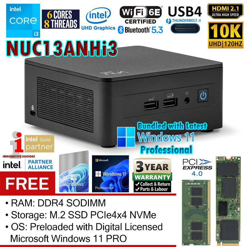 Intel NUC13ANHi3 L10 Core i3 6-Core NUC Mini PC + Windows 11 PRO (Arena ...
