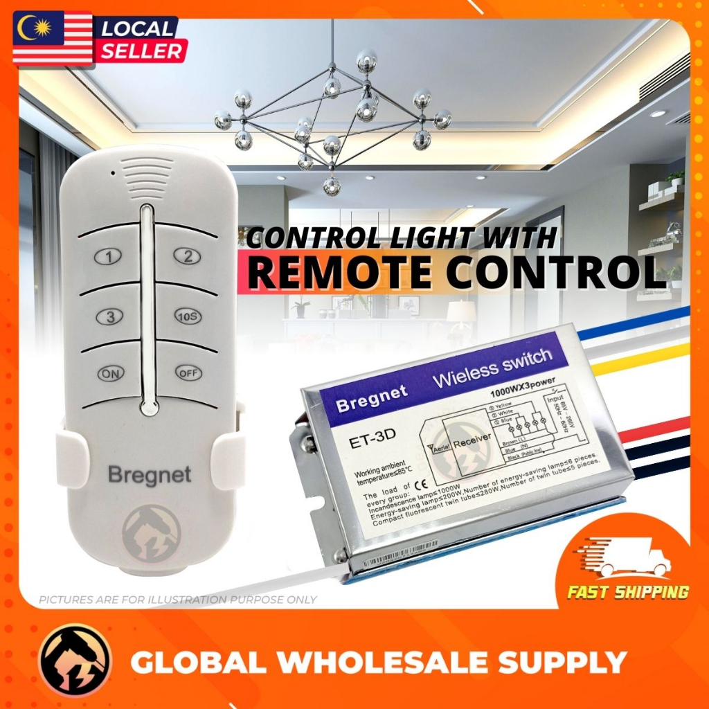 BREGNET 3 Way Lighting Remote Control Switch Wireless Receiver Lamp ...