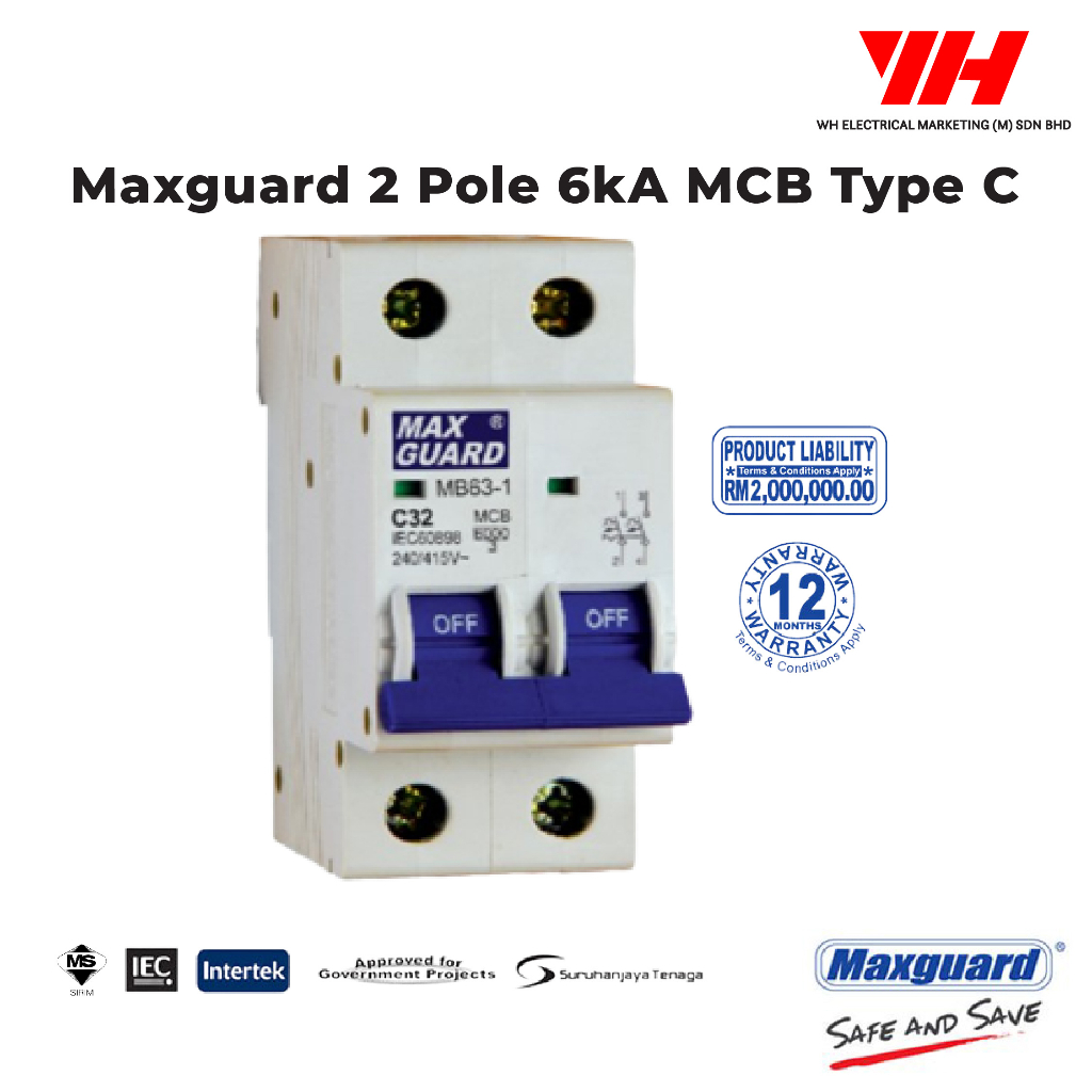 MAXGUARD 2 POLE 6kA MCB Type C (6A/10A/16A/20A/25A/32A/40A/50A/63A) | Shopee Malaysia