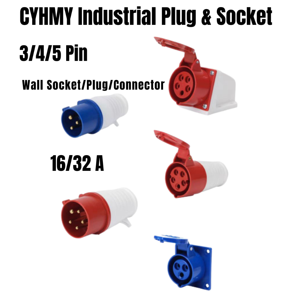 INDUSTRIAL PLUG WALL SOCKET CONNECTOR SOCKET (16A 32A) 3 PIN 4 PIN 5 PIN BLUE/RED SINGLE PHASE ...