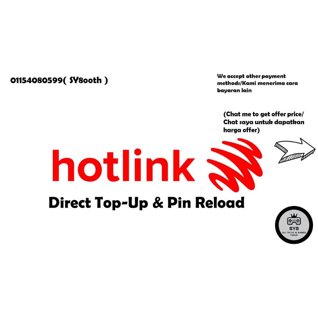 [SY8] Hotlink prepaid direct topup/pin reload|RM40/RM45/RM50/RM60/RM100 ...