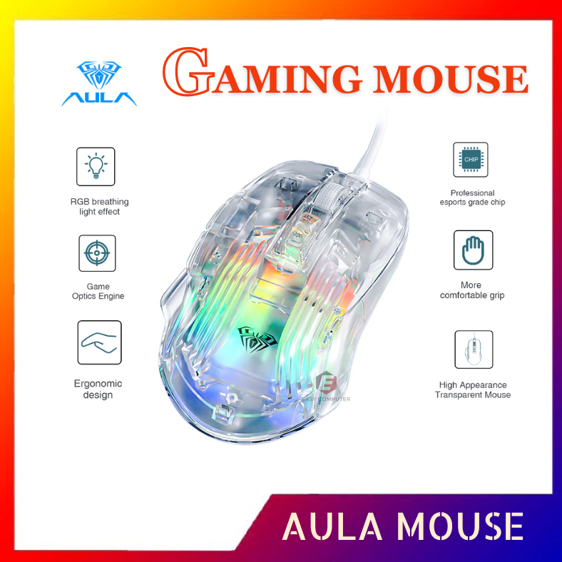 AULA S80 Game Mouse Transparent Mouse RGB Light Effect Ergonomic Design ...