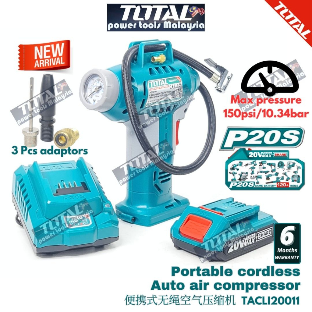 TOTAL Li-ion Auto Air Compressor + FREE 3 pcs Accessories (P20S / 20V ...