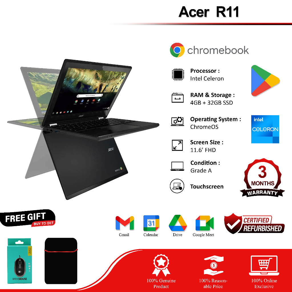 Cheapest.. Muraah Chromebook Acer R11 2 in 1 flip 360 touchscreen screen 11.6" intel celeron for ...
