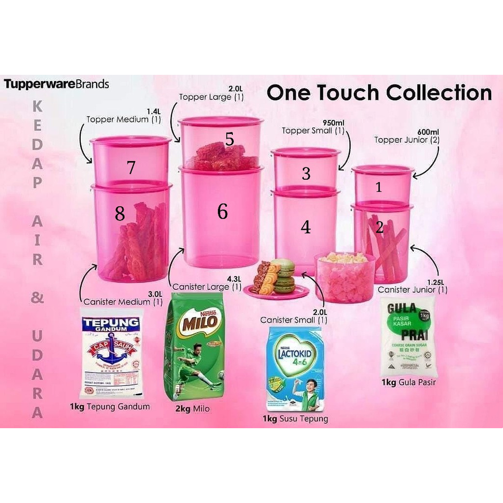 Tupperware One Touch Canister / One Touch Topper (1) 600ml/950ml/1.25L/1.4L/2L/3L/4.3L Pink ...