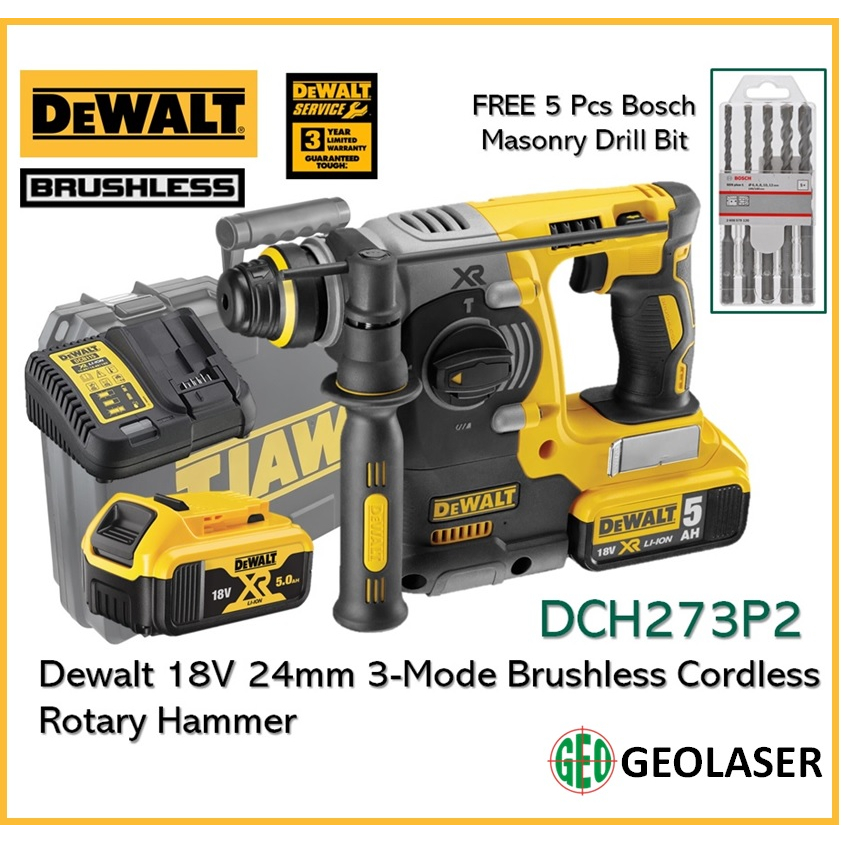 Dewalt DCH273P2 18V 24mm Brushless Cordless 3-Mode Rotary Hammer With 2 ...