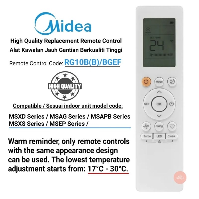 Midea RG10B(B)/BGEF air conditioner Replacement Remote Control | Shopee ...