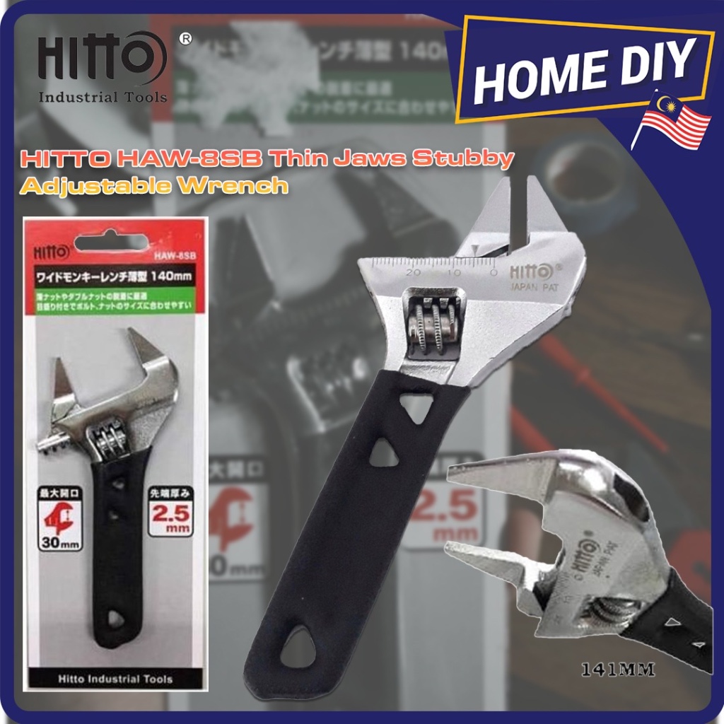 HITTO 30MM Thin Jaws Stubby Adjustable Wrench L140mm - HAW-8SB / Spana ...