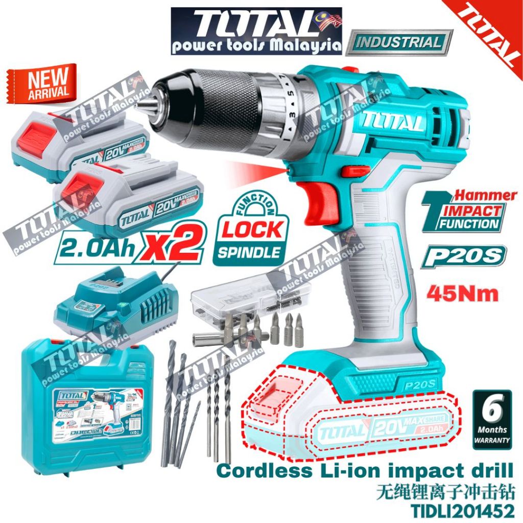 TOTAL Cordless Li-ion P20s 20v impact drill w/ Batteries, Charger ...