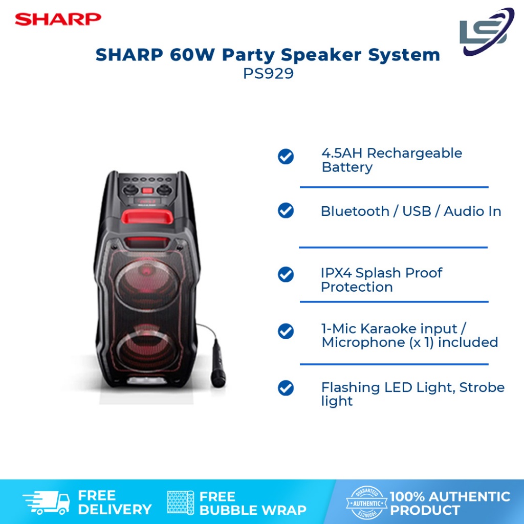 SHARP 60W Party Speaker System PS929 | Bluetooth | USB | Audio In | TWS Mode | USB Playback | 4 ...