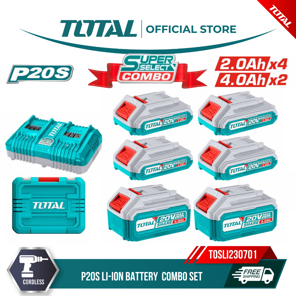 Total P20s 20V Li-ion Battery 2.0Ah 4.0Ah Combo Set TOSLI230701 | Shopee Malaysia