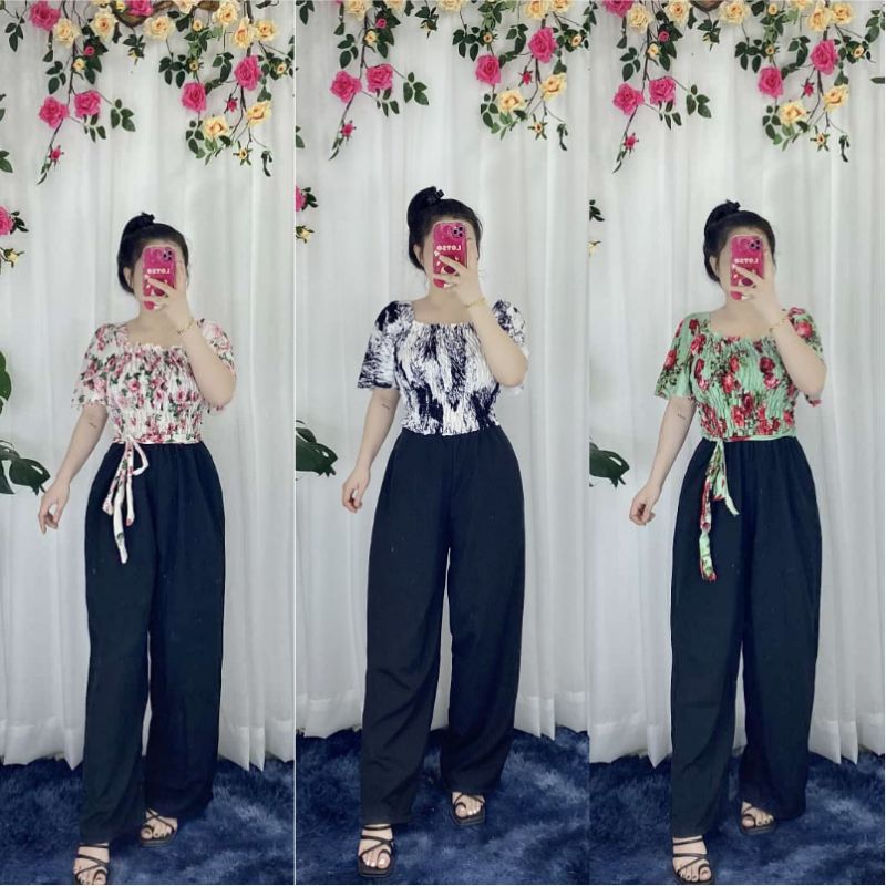 WOMEN FLORAL JUMPSUIT 2 TONE PREMIUM QUALITY, 45 TO 90KG | Shopee Malaysia