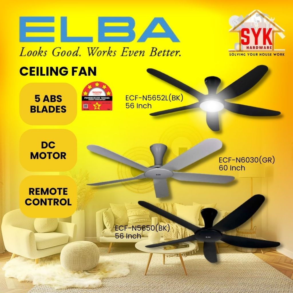 SYK Elba Ceiling Fan With Light DC Motor ECF-N5650 N6030 N5652L 5 Blade ...