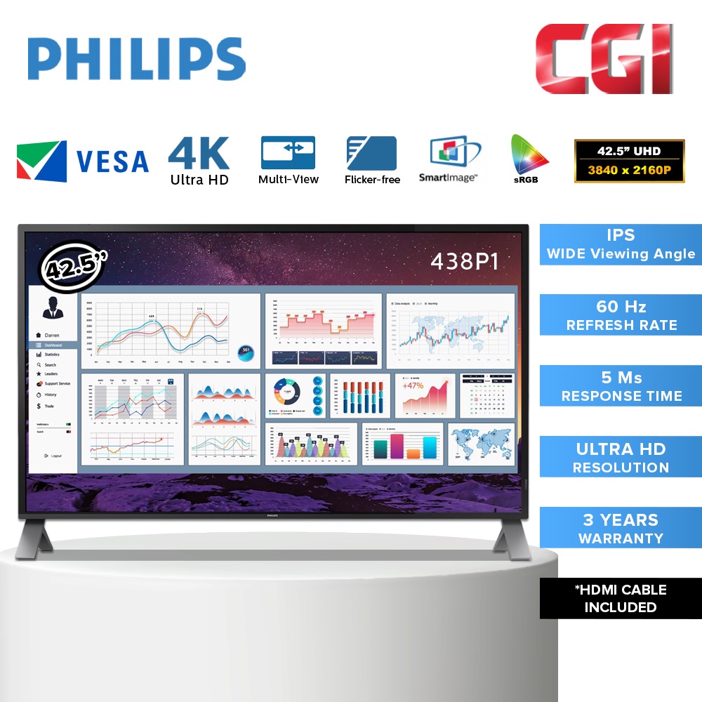 Philips 42.5" 438P1 5ms 4K Ultra HD LCD display with MultiView Monitor ...