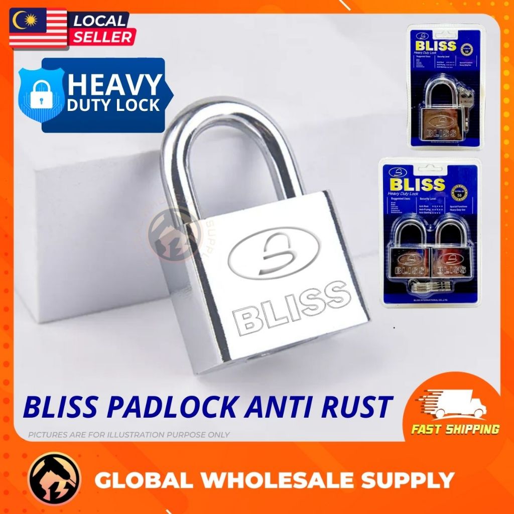 HEAVY DUTY BLISS PADLOCK Chrome Plated Solid Brass Key Manga Pintu ...