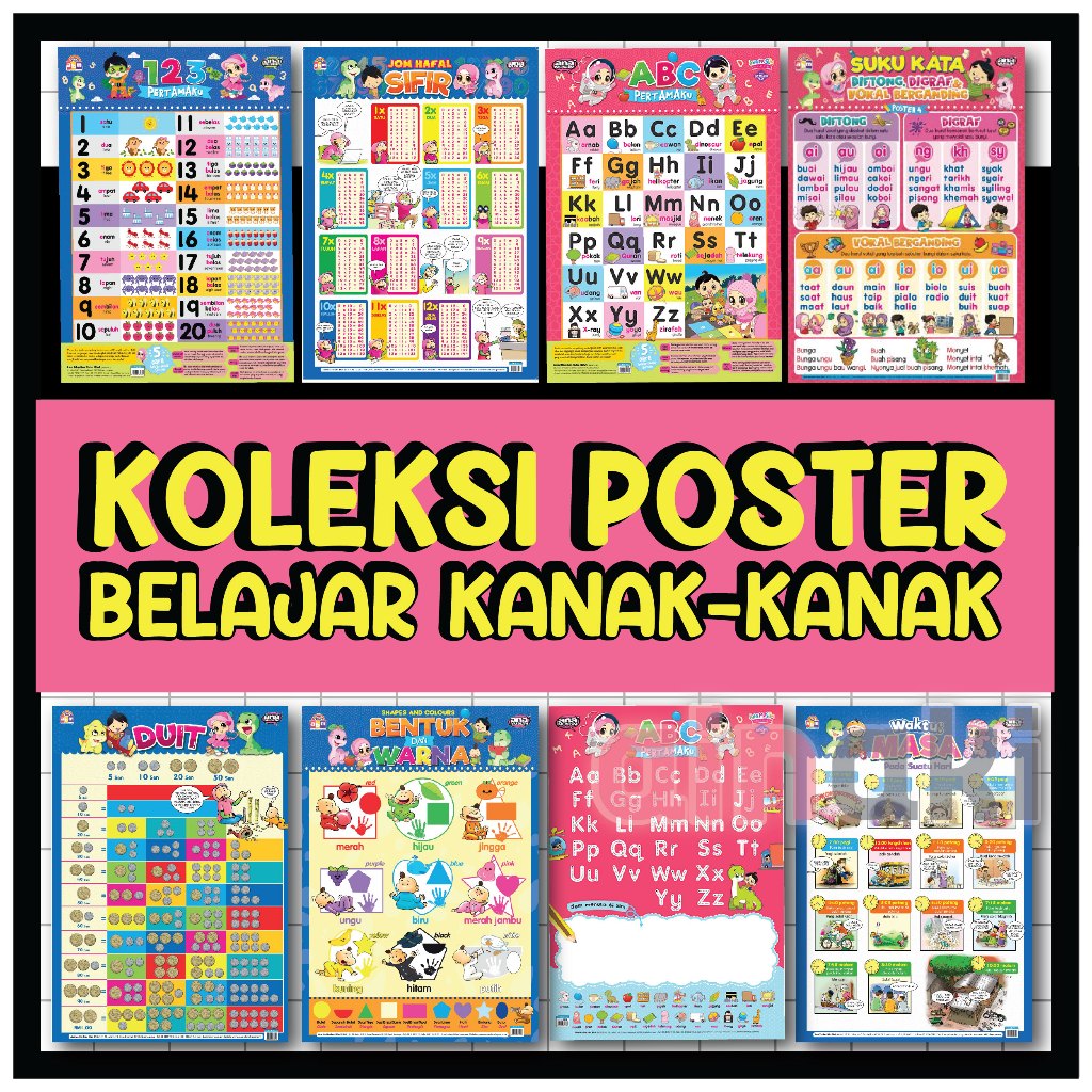 Poster Membaca ABC 123 Alif Ba Ta Suku Kata Belajar Kanak2 Poster ...