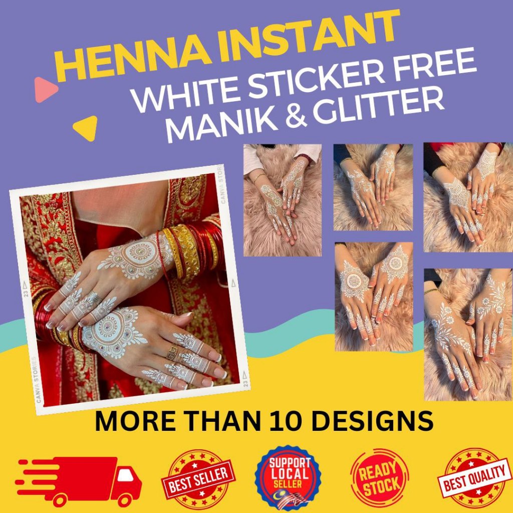 STICKER INAI PUTIH WATERPROOF TAHAN 3 HARI FREE MANIK DIAMOND GLITTER ...